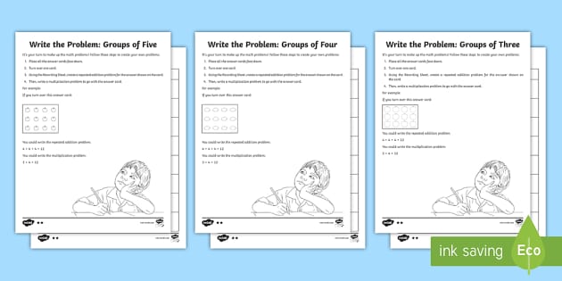 Write the Multiplication Problems: Groups of Two, Three, Four, and Five