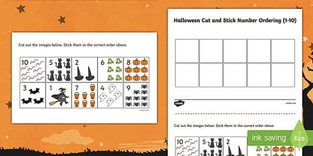 Halloween Themed Cut and Stick Number Ordering 1-10 Activity