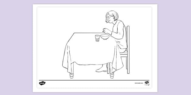 Woman Eating at Dining Table Colouring Sheet | Colouring