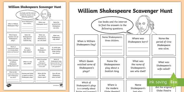 * NEW * William Shakespeare Research Scavenger Hunt