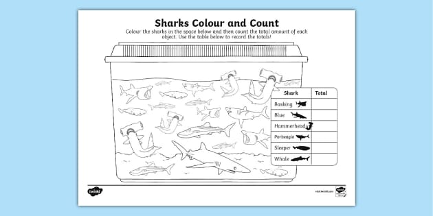 👉 Sharks Colour and Count Worksheet - Twinkl