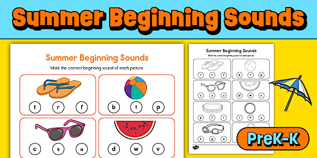 Summer Words Beginning Sounds Worksheet for PreK-K