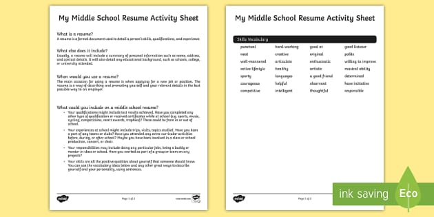 My Middle School Resume Worksheet CV Twinkl