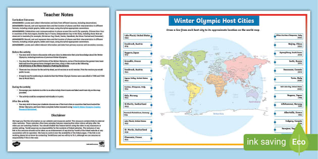 Winter Olympic Host Cities Mapping Activity (Teacher-Made)