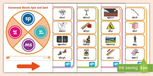 Consonant Blends sp, sl, sw, st Spinner Game (teacher made)