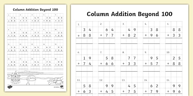 Summer Themed 2 Digit Addition Beyond 100 On Squared Paper