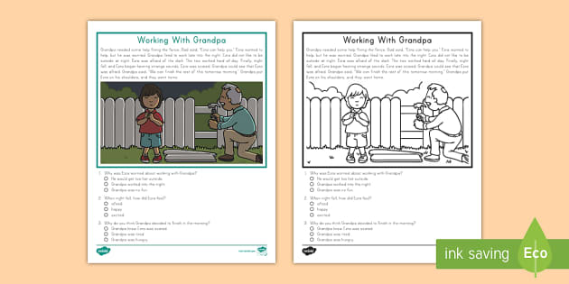 First Grade Working With Grandpa Reading Passage Comprehension Activity