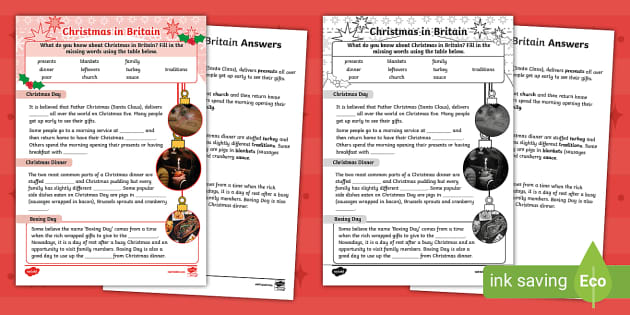 Christmas in Britain Cloze Worksheet (teacher made) - Twinkl