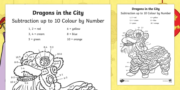 Dragons in the City Subtraction to 10 Color by Number