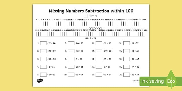 Missing Numbers Subtraction within 100 Worksheet - Twinkl