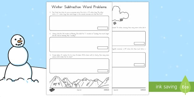 Winter Word Problems Subtraction Activity