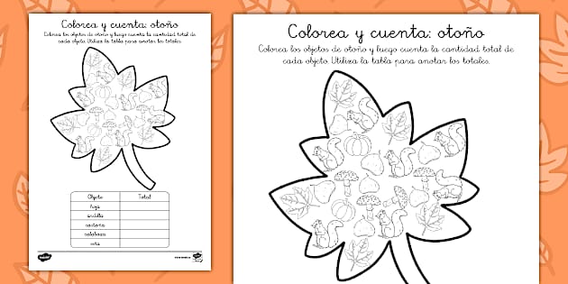 Ficha de actividad: Colorea y cuenta - otoño (Teacher-Made)