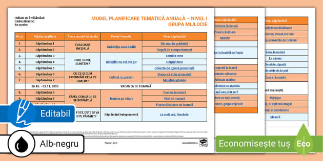 FREE! - GRATUIT Planificare anuală grupa mijlocie (4-5 ani) – Model