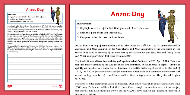 ANZAC Day Paraphrasing Worksheet (teacher made) - Twinkl