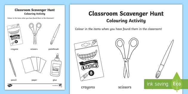 Classroom Scavenger Hunt Colouring Activity (teacher made)