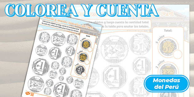 * NEW * Ficha de actividad: Colorea y cuenta - Monedas del Perú