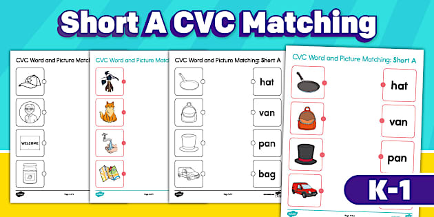 CVC Word and Picture Matching Worksheet: Short A for K-1st