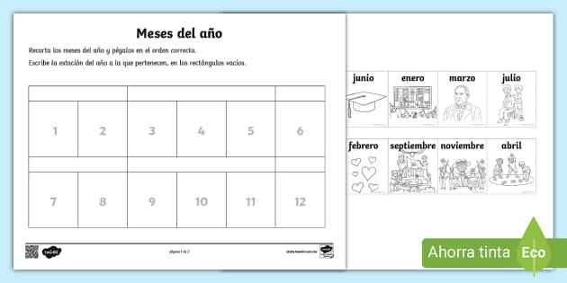 Hoja de actividad: Recortando los meses del año - Twinkl