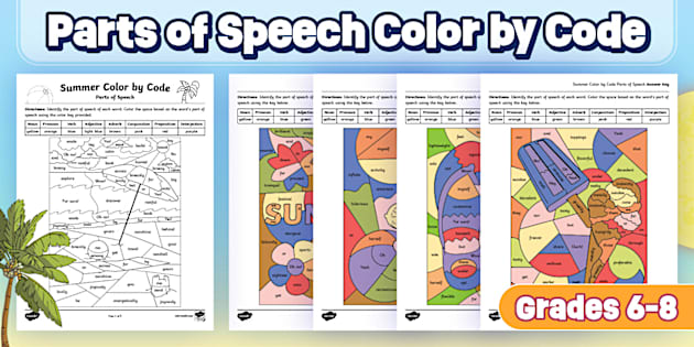 Summer Color by Code Parts of Speech Worksheets for 6th-8th