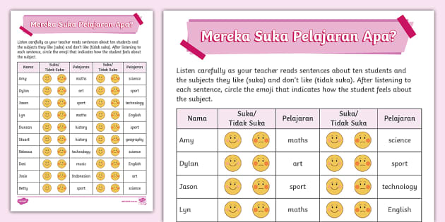 School Subjects Listening Task Indonesian