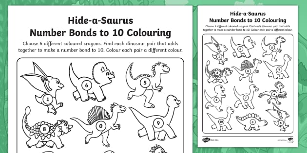 Hide-a-Saurus Dinosaur Number Bonds to 10 Colouring Worksheet