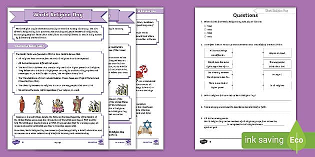 UKS2 World Religion Day Differentiated Reading Comprehension