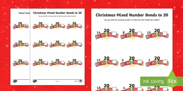 Christmas Themed Mixed Number Bonds to 20 Worksheet / Worksheet