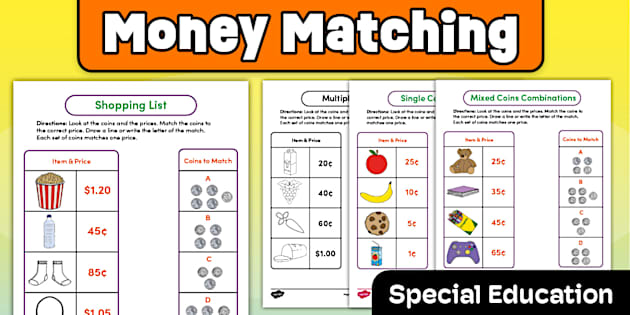 Money Matching Worksheet for Special Education