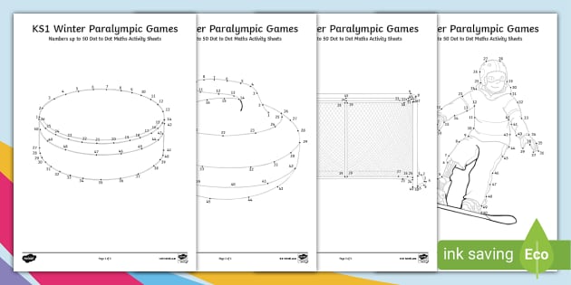 KS1 Winter Paralympic Games Numbers up to 50 Dot to Dot Maths Worksheet