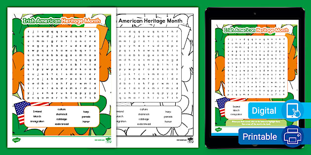 Irish American Heritage Month Word Search for K-2nd Grade