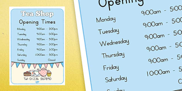 Tea Shop Role Play Opening Times (teacher made) - Twinkl