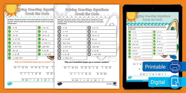 6th Gr. Solving One-Step Equations Summer Joke Crack the Code 6th Gr. Solving One-Step Equations Summer Joke Crack the Code