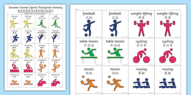 Summer Games Sports Pictogram Memory Game - English/Mandarin Chinese