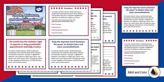 Eighth Grade Checks, Balances, and the Separation of Powers Debate Cards