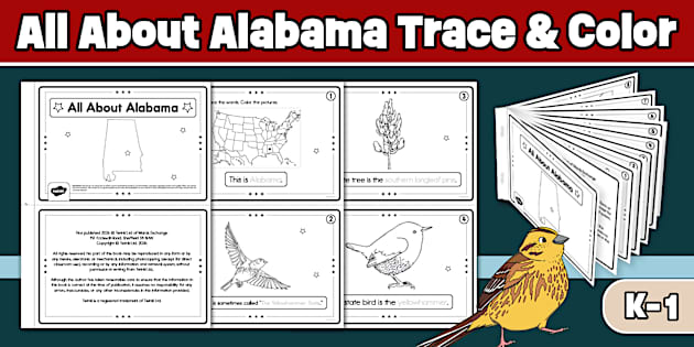 All About Alabama Trace & Color Printable Book for K-1st Grade