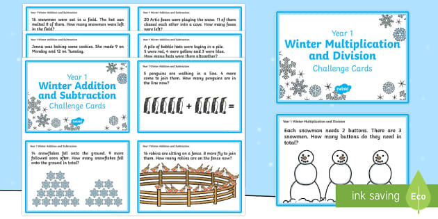 Year 1 Winter Themed Maths Challenge Cards - Twinkl