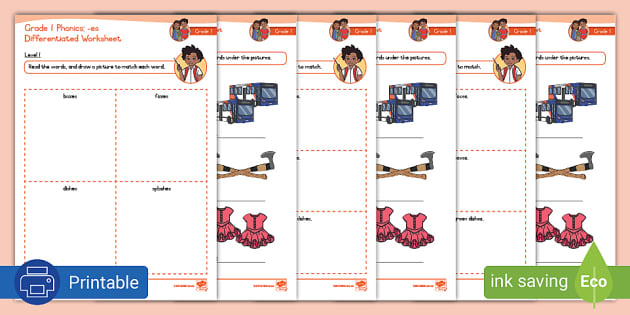 Grade 1 Phonics: -es Differentiated Worksheets - Twinkl