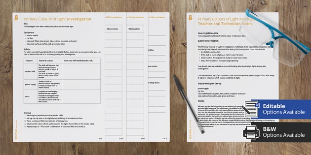 Primary Colours of Light Investigation Worksheet | Beyond