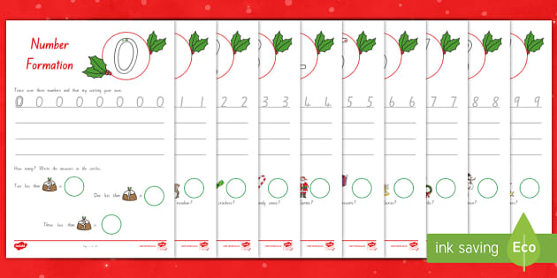Christmas Number Formation (0-9) Worksheets - Twinkl