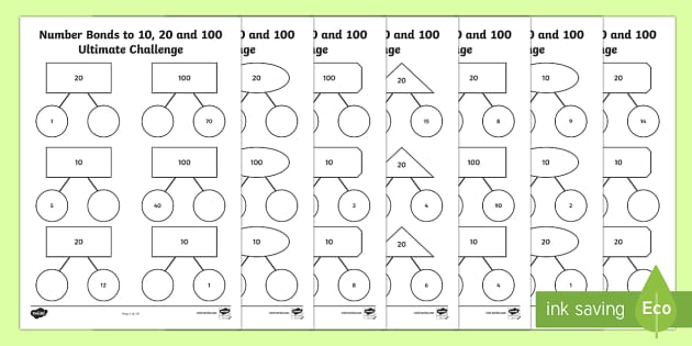 KS1 Number Bonds To 10 20 And 100 Ultimate Challenge Worksheet