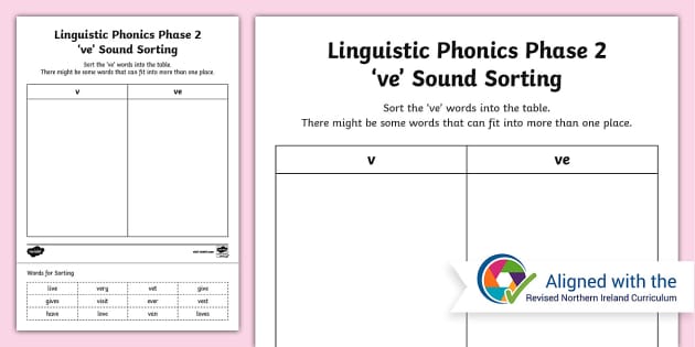 Linguistic Phonics Phase 2 ‘ve’ Sound Sorting Activity Sheet