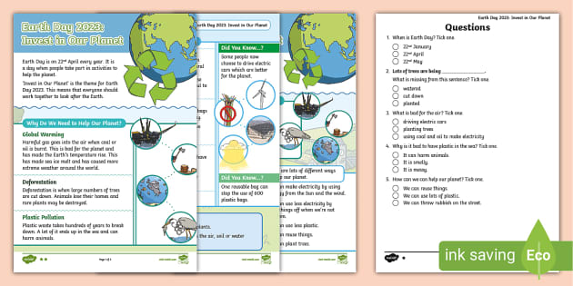 KS1 Earth Day 2023: 'Invest in Our Planet' Differentiated Reading