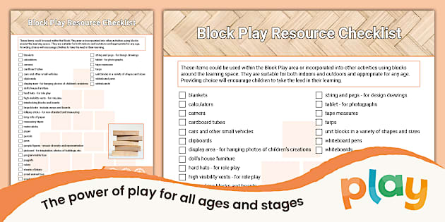 Play for All Ages - Block Play Resource Checklist Adult Ideas