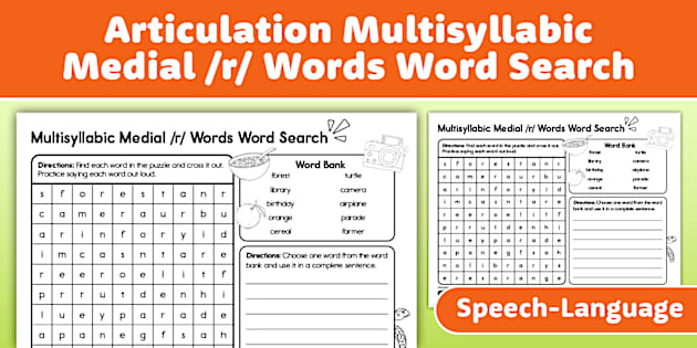 Articulation Multisyllabic Medial /r/ Words Word Search