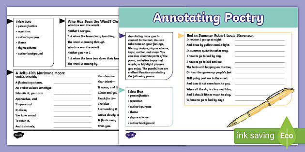 Annotating A Poem Worksheet Poetry Activity ELA Grade 3 5