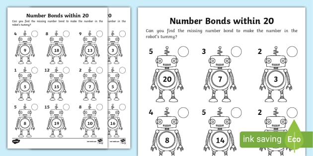 Number Bonds within 20 on Robots Worksheet - Twinkl