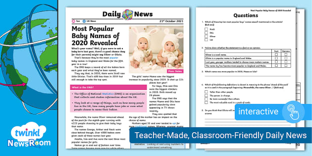 News Story for Children 9-11: Most Popular Baby Names 2020