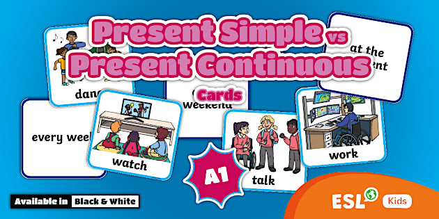 ESL Present Simple vs Present Continuous Task Cards {Kids, A1}