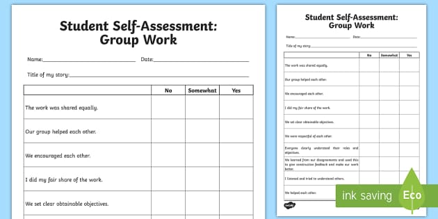 Self Assessment Group Work Worksheet Activity Sheet