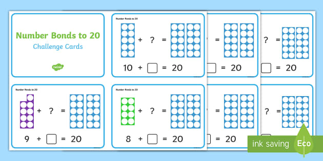 Number Shapes Number Bonds to 20 Challenge Cards - KS1 Maths